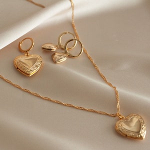 Gold Heart Locket Necklace, Heart Earrings, Hoops, Huggies, SET, Dainty ...