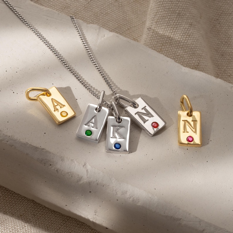 14k Gold Initial Charm With Birthstone, Tiny Monogram Pendant, Mini ...