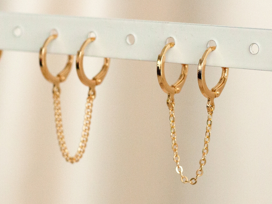 18K Gold FILLED Chain Earrings Double Piercing Earrings - Etsy