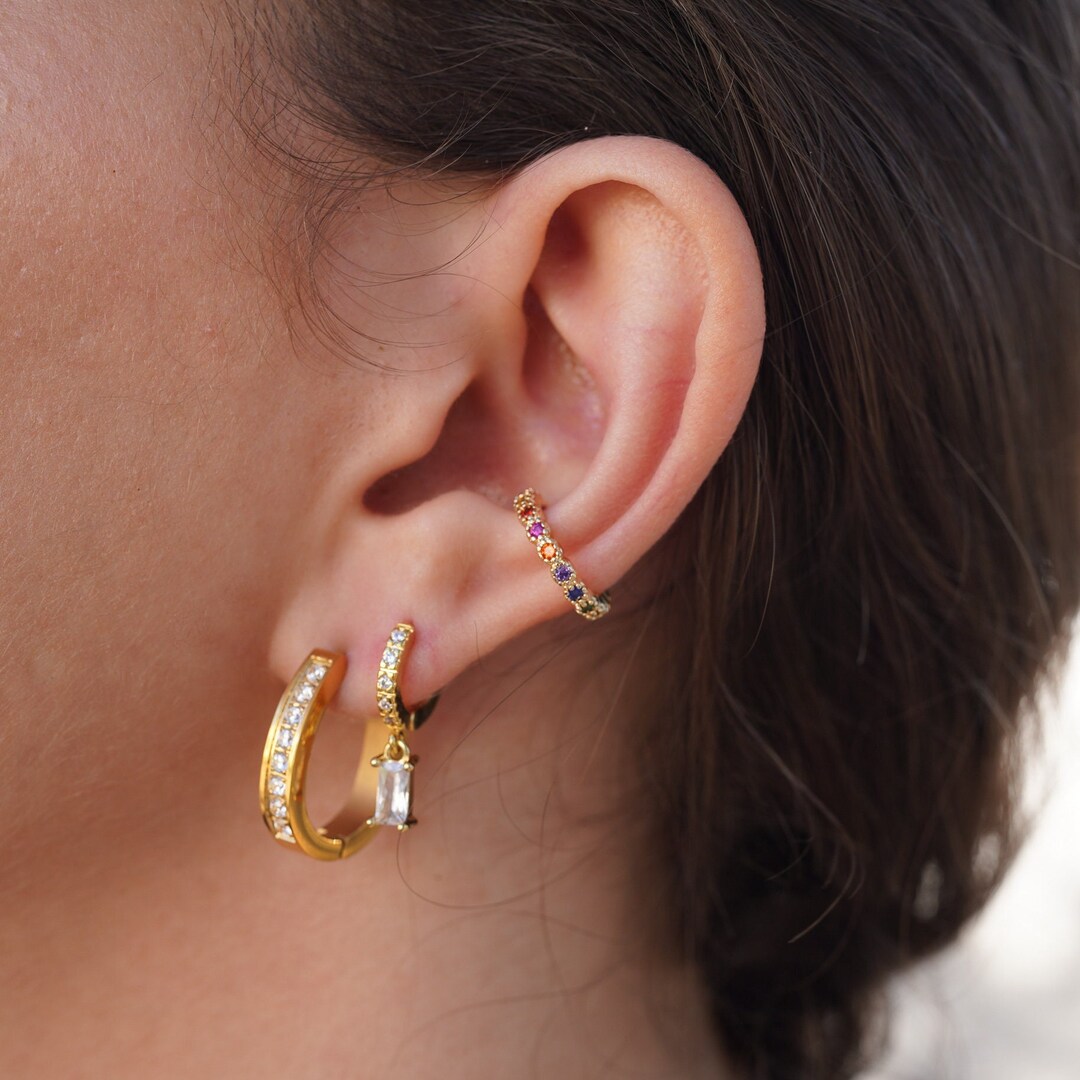 14K Gold Rainbow Ear Cuff, Pave Cuff Earrings, Ear Cuff No Piercing ...