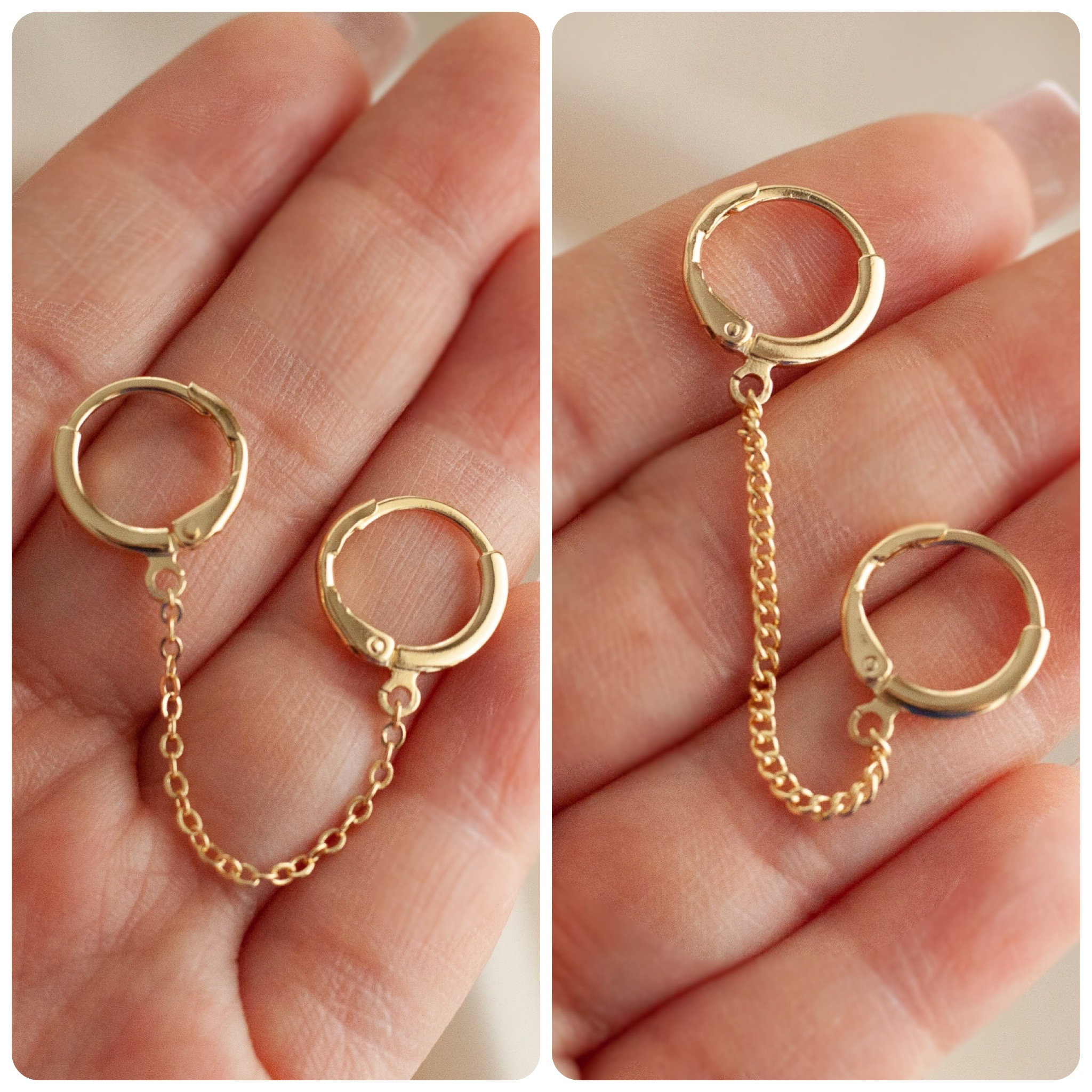 18K Gold FILLED Chain Earrings Double Piercing Earrings - Etsy