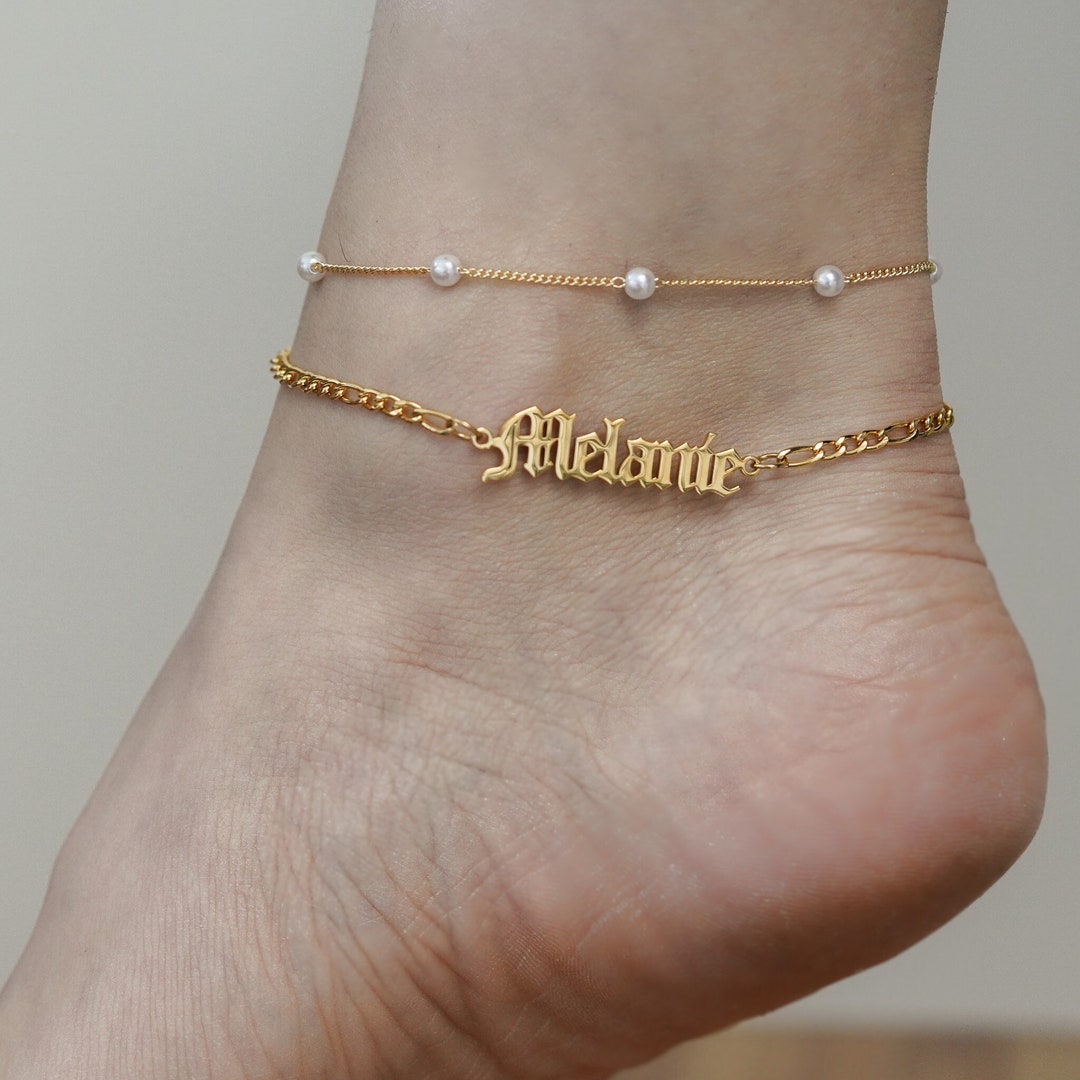 Personalized Gift for Her, Gold Name Anklet, Old English Name Anklet ...