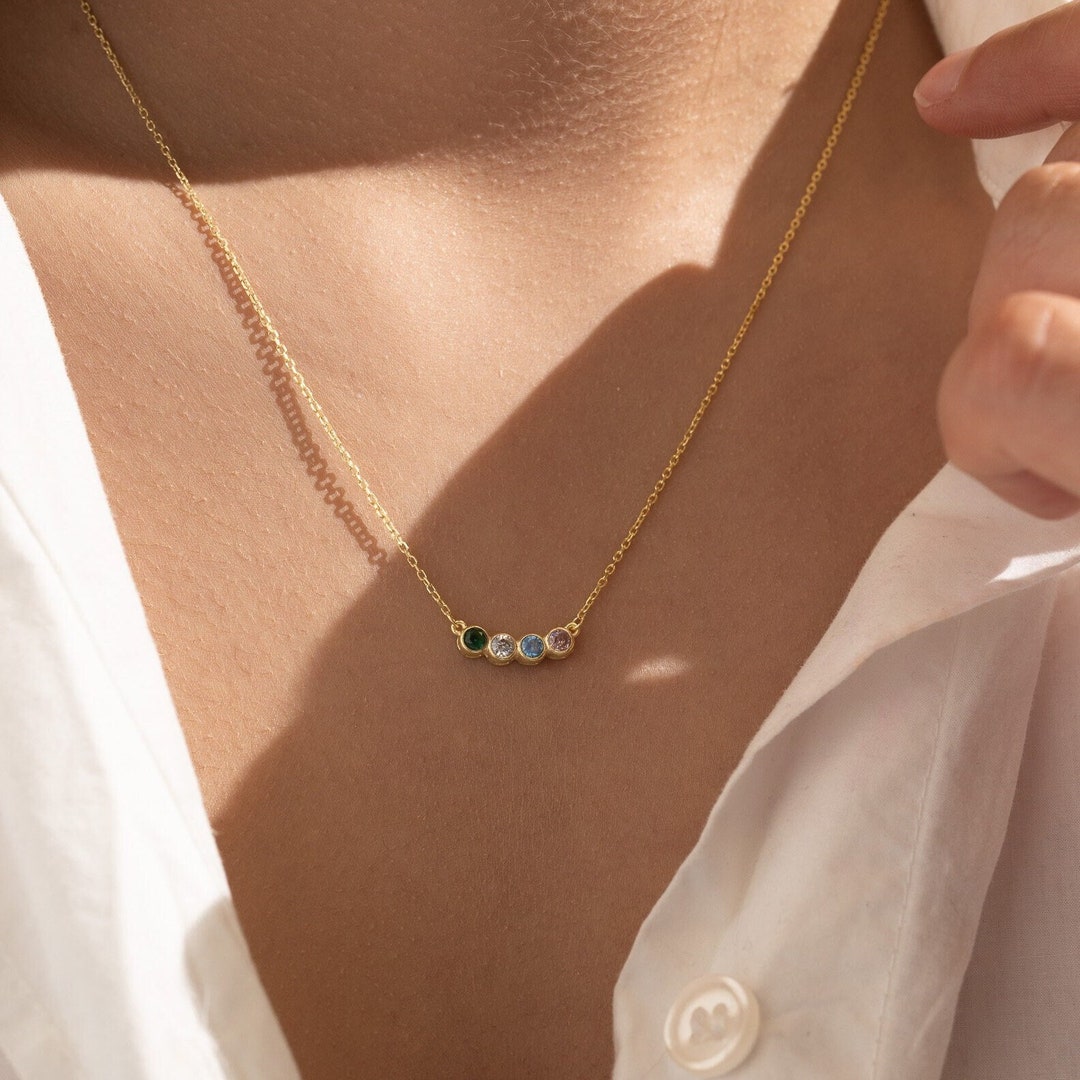 14k Solid Gold Family Birthstone Necklace, Multi Birthstone Jewelry by ...