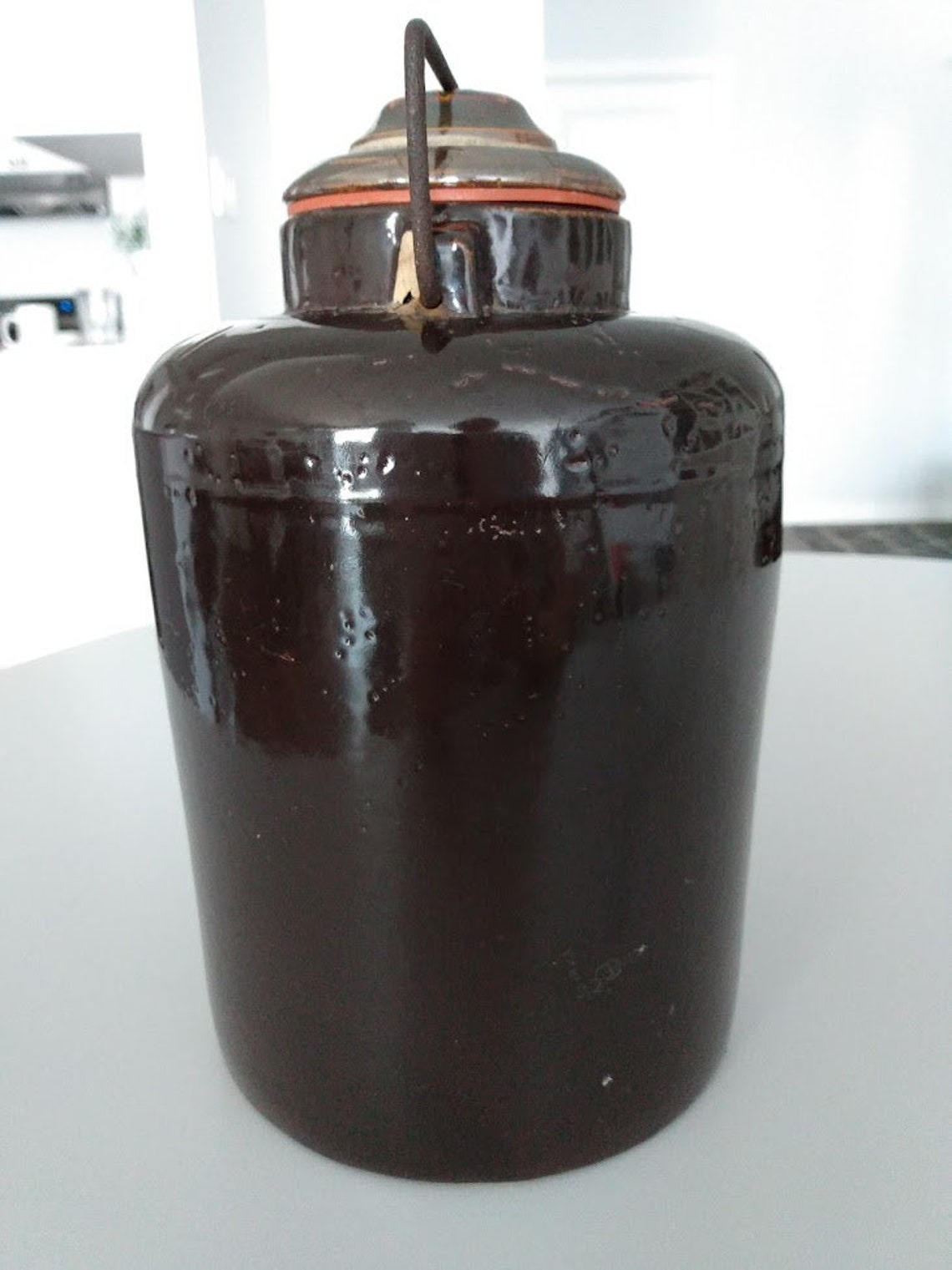 1890's brown glazed stoneware fruit canning jar with wire | Etsy