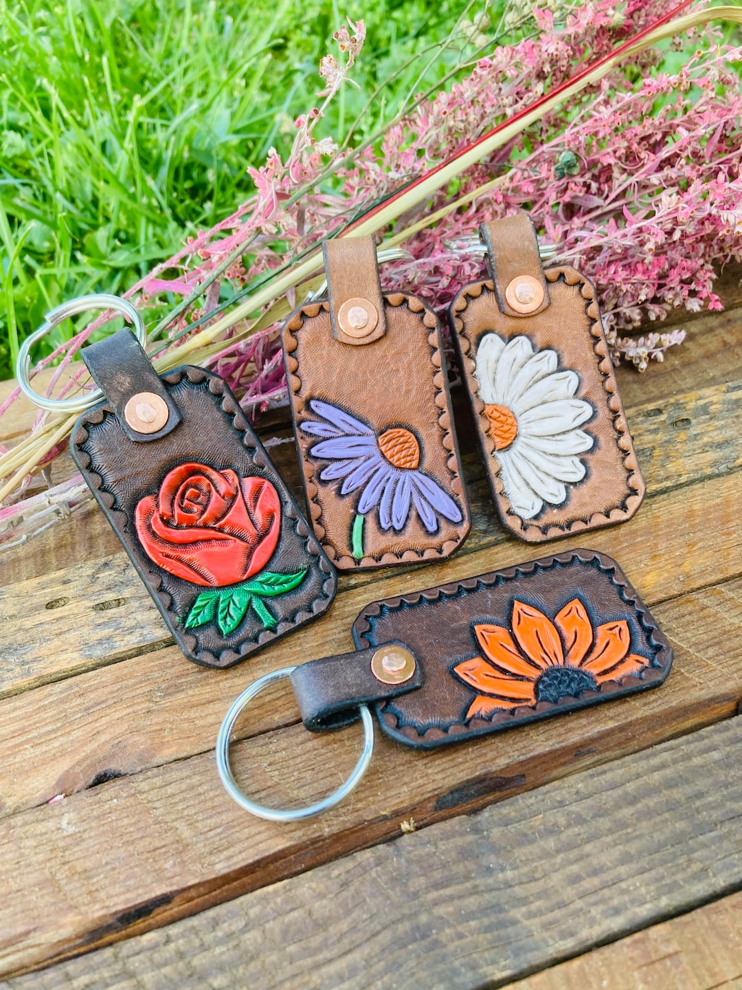 Floral Leather Keychain, Hand Tooled Sunflower, Daisy, Echinacea, Rose ...