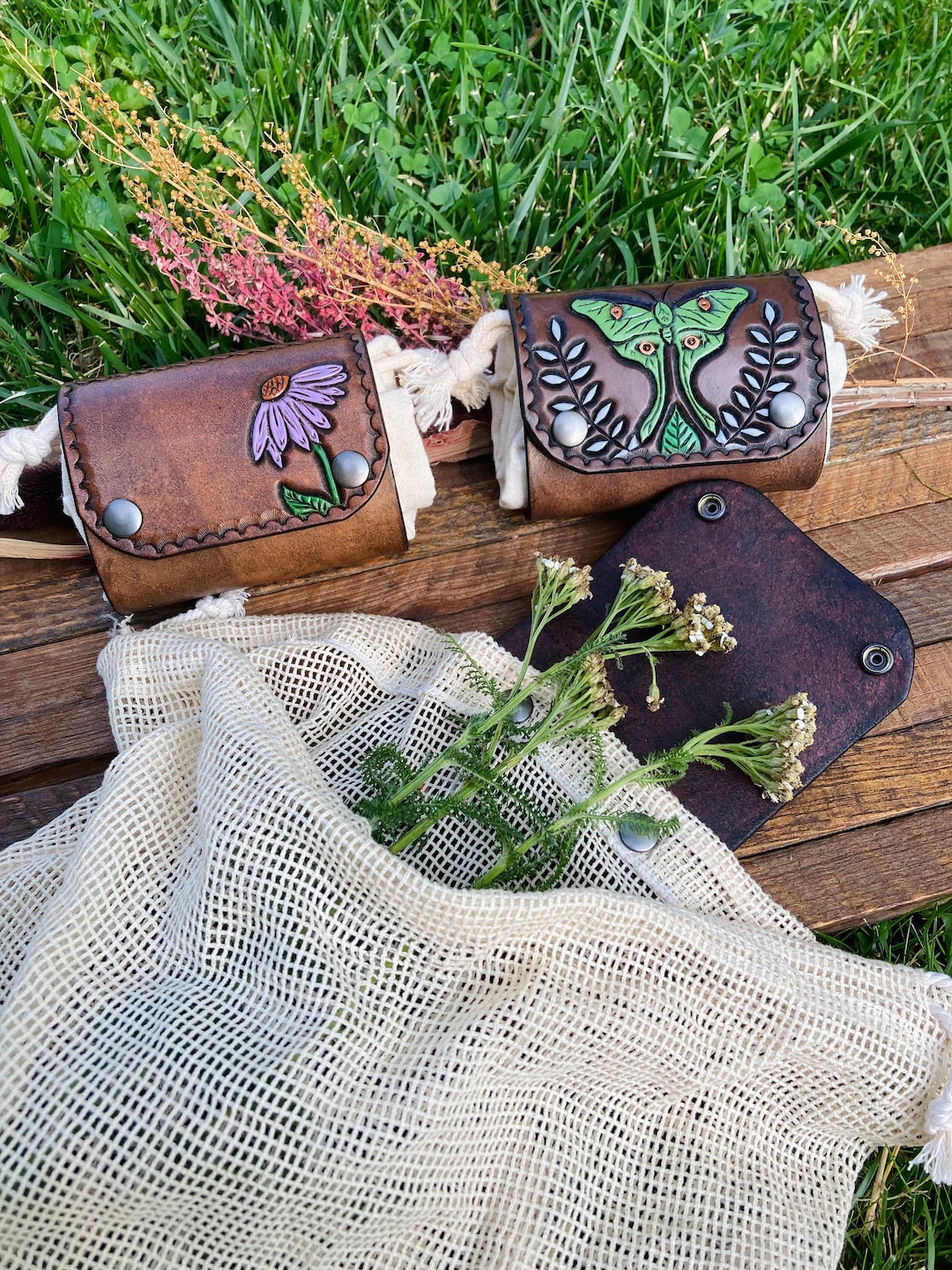 Leather Foraging Bag, Cotton Mesh Mushroom Hunting Sack, Belt Bag ...