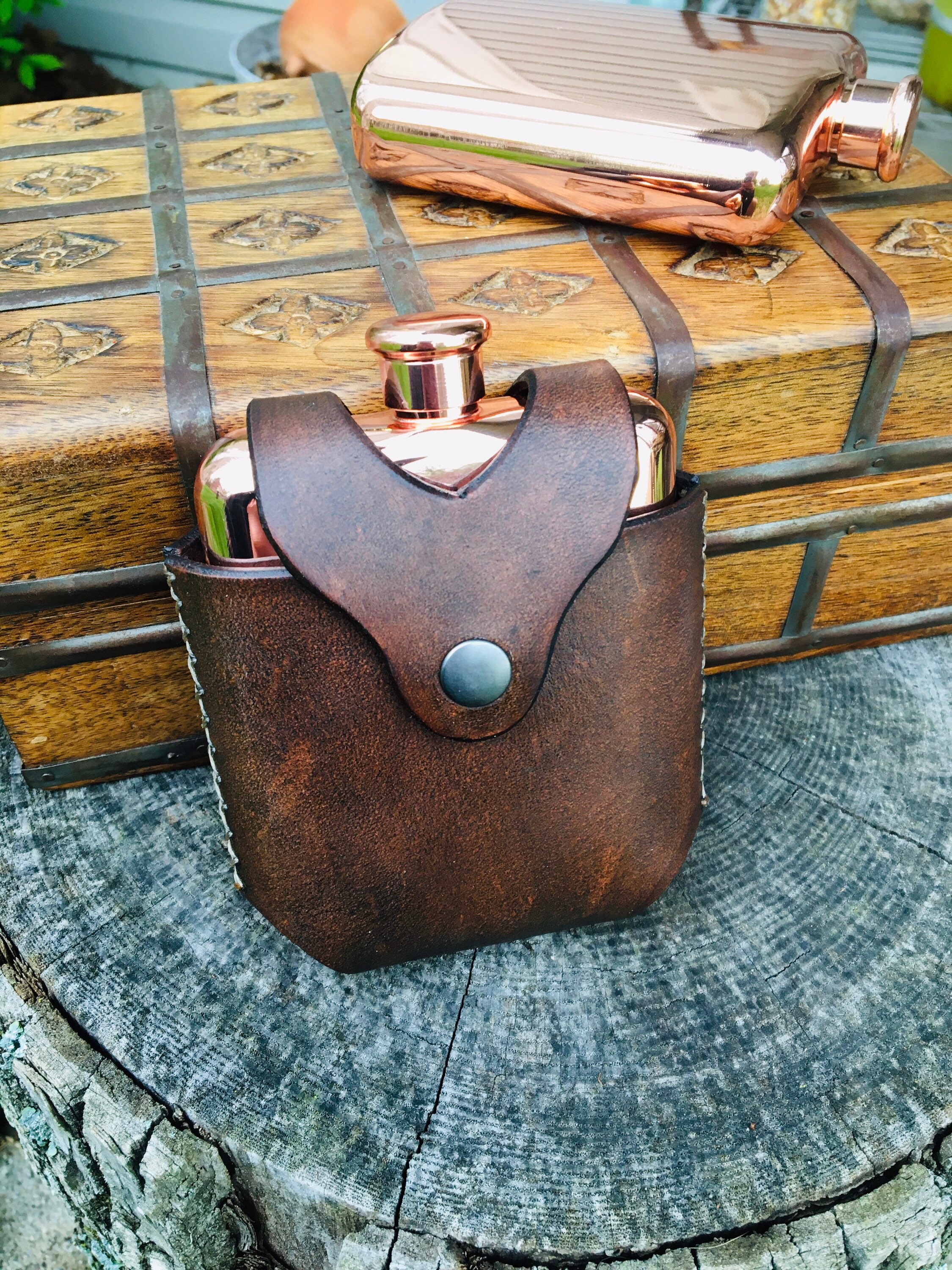 Copper Flask With Hand Made Leather Sheath, Personalized Initials, Hand ...
