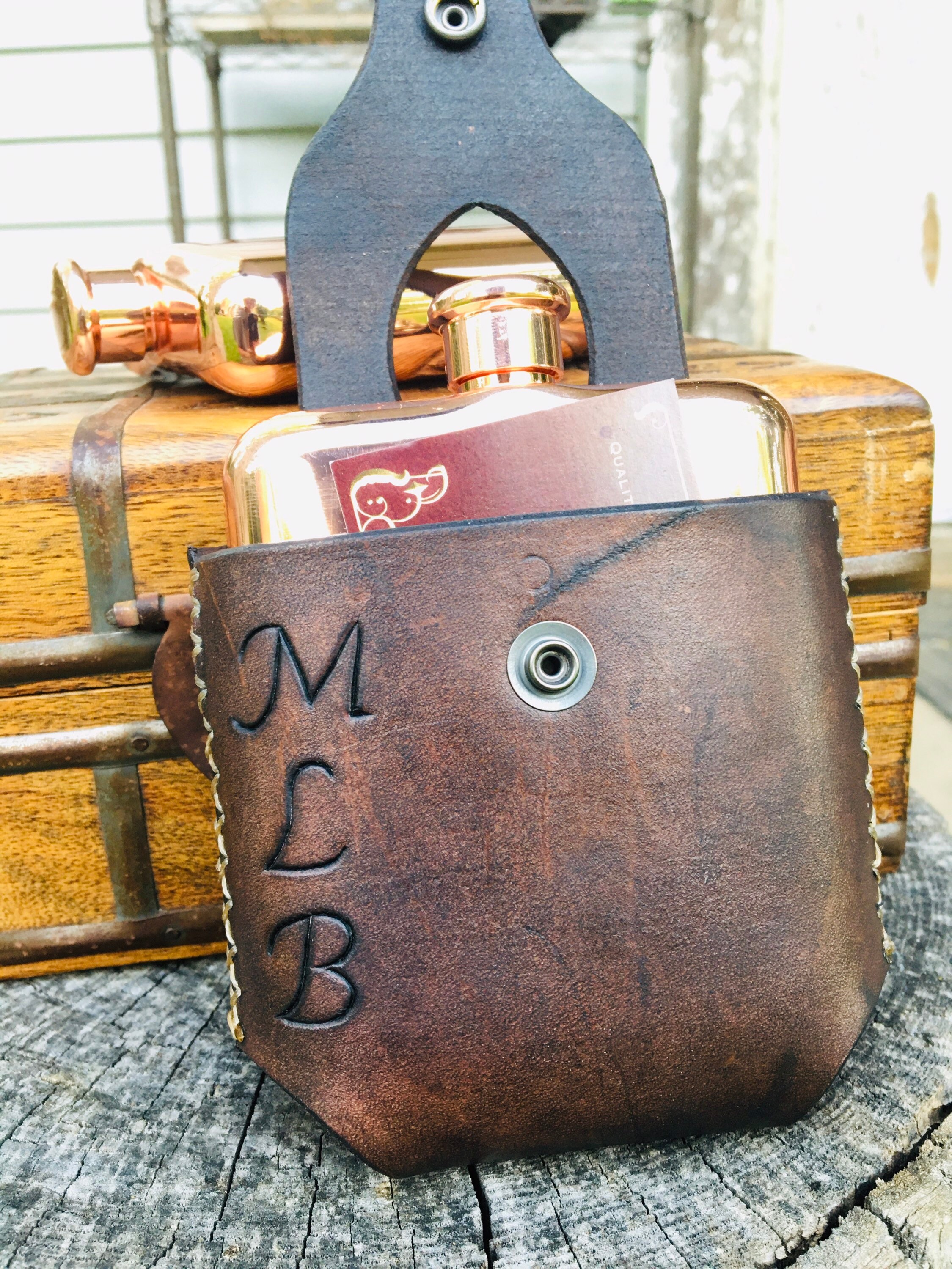 Copper Flask With Hand Made Leather Sheath, Personalized Initials, Hand ...