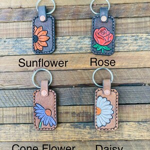 Floral Leather Keychain, Hand Tooled Sunflower, Daisy, Echinacea, Rose ...