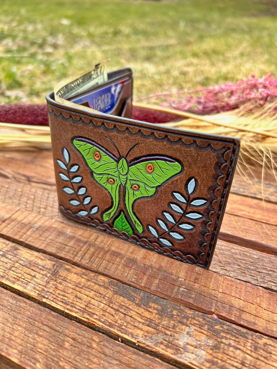 Luna Moth Leather Wallet, Hand Tooled Billfold, Leather Bifold Wallet ...