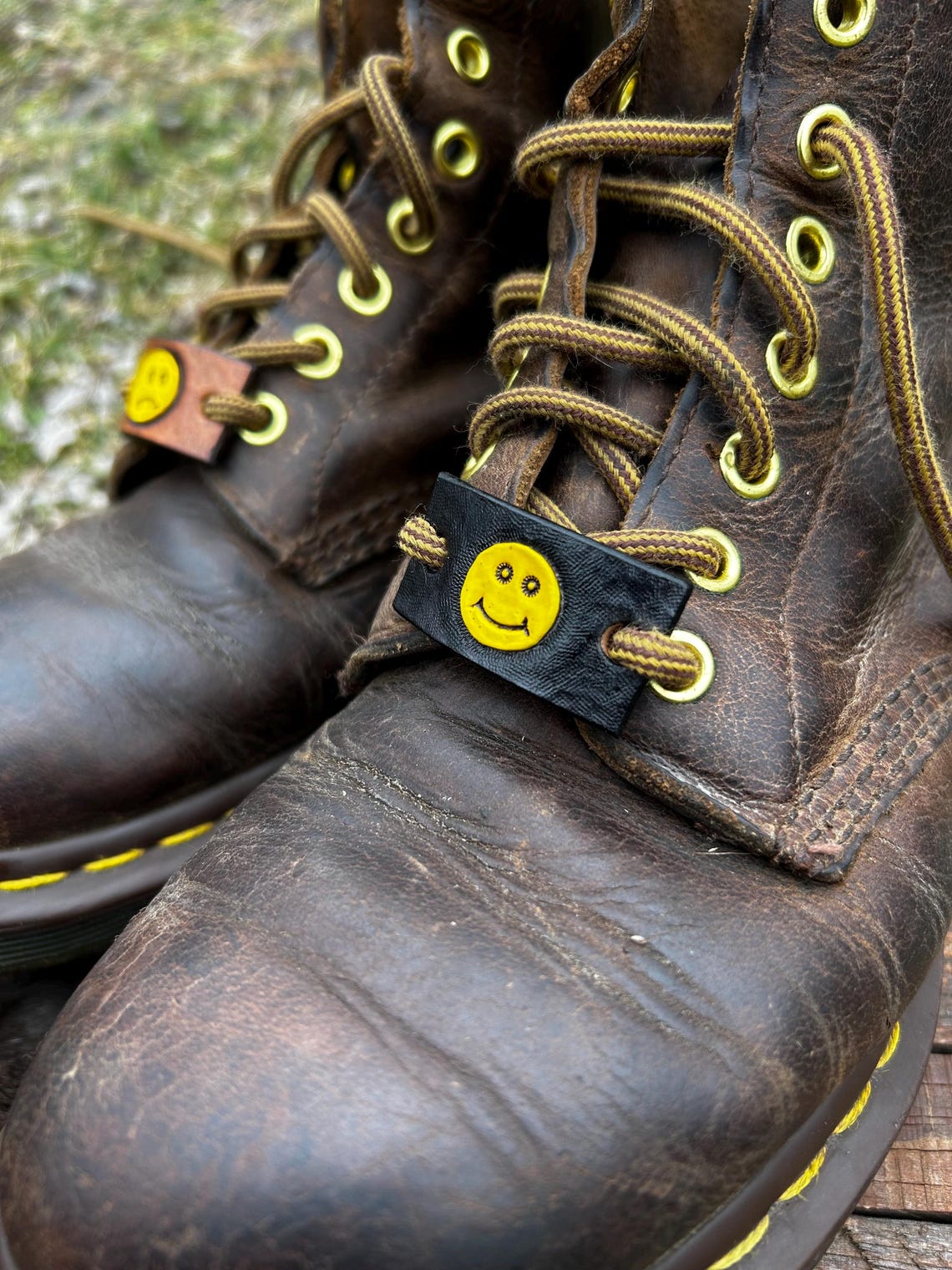 Hand Tooled Leather Boot Charms, Smiley Face, Frown Face, Shoelace ...