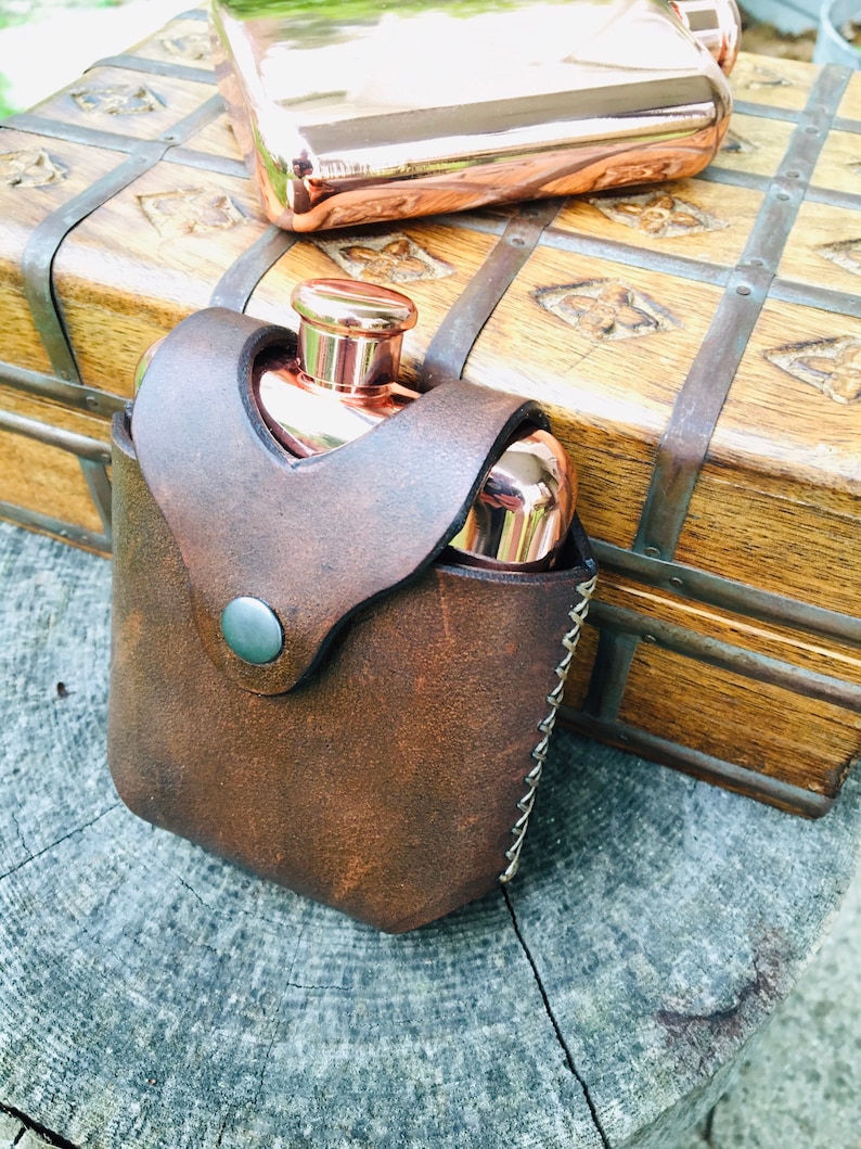Copper Flask With Hand Made Leather Sheath, Personalized Initials, Hand ...