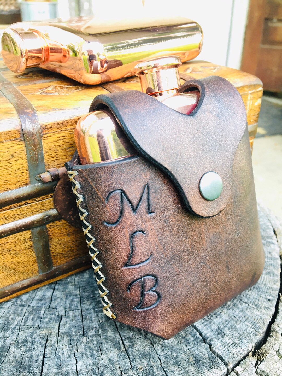 Copper Flask With Hand Made Leather Sheath, Personalized Initials, Hand ...