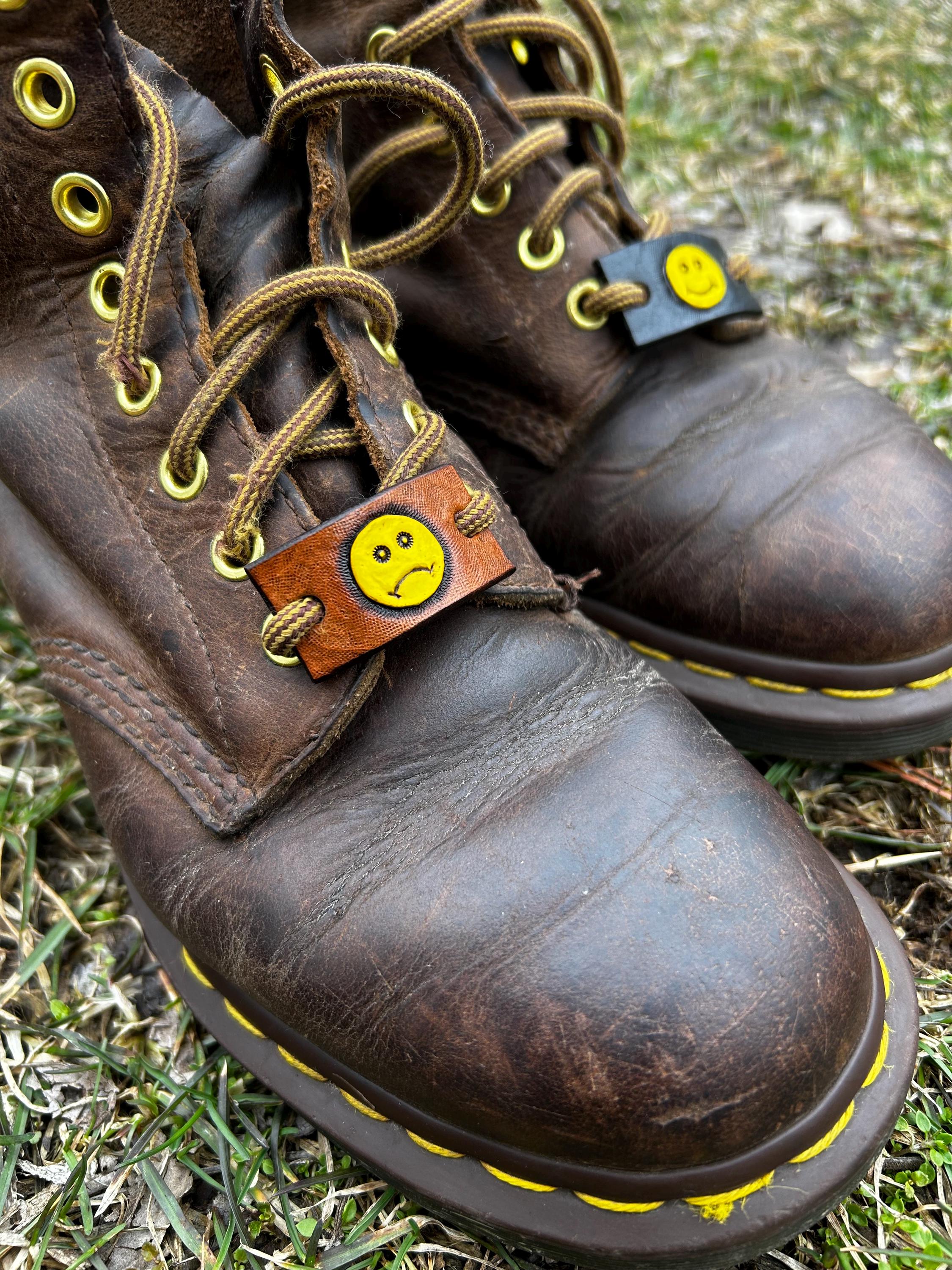 Hand Tooled Leather Boot Charms, Smiley Face, Frown Face, Shoelace ...