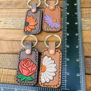 Floral Leather Keychain, Hand Tooled Sunflower, Daisy, Echinacea, Rose ...