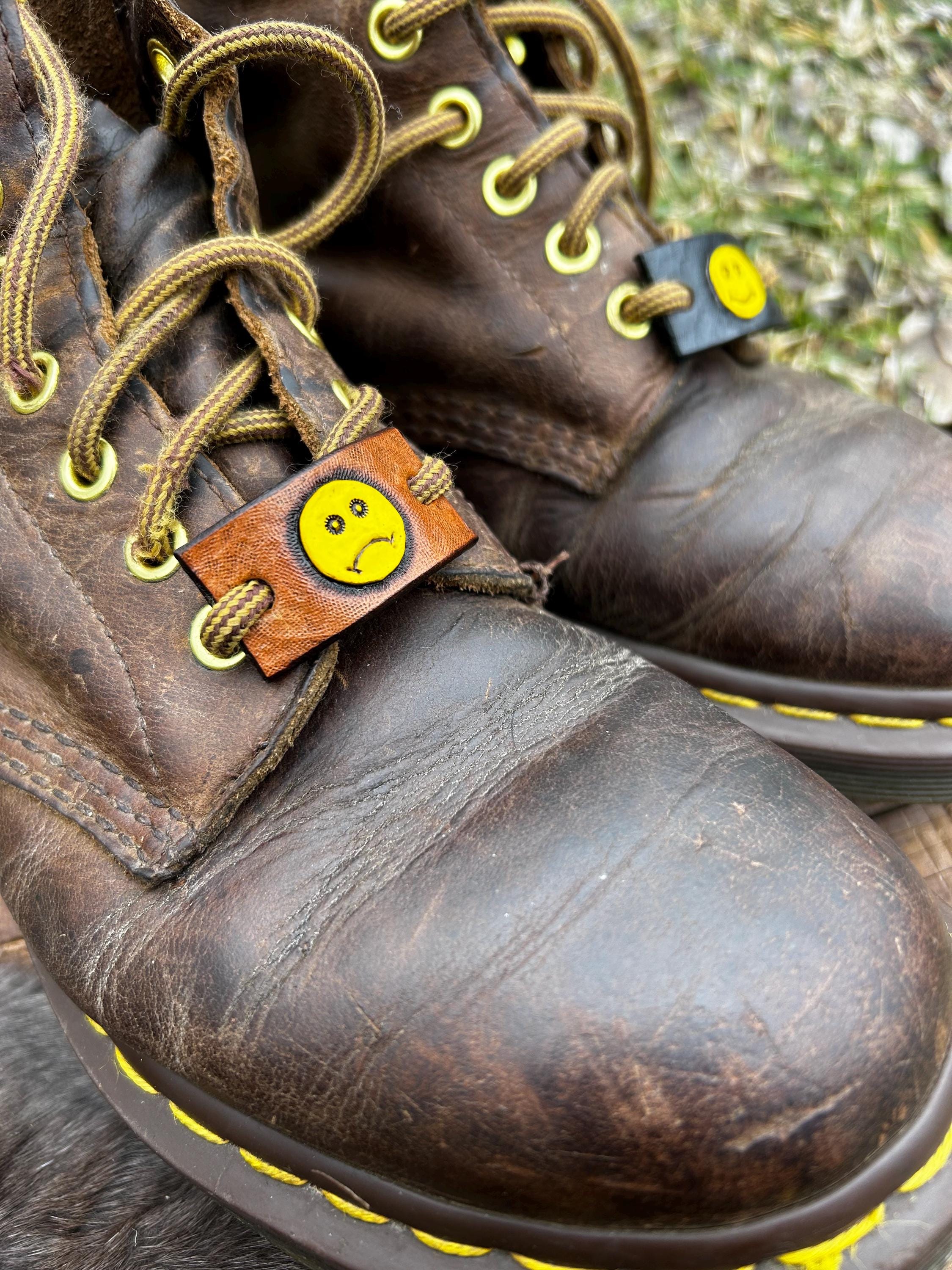 Hand Tooled Leather Boot Charms, Smiley Face, Frown Face, Shoelace ...