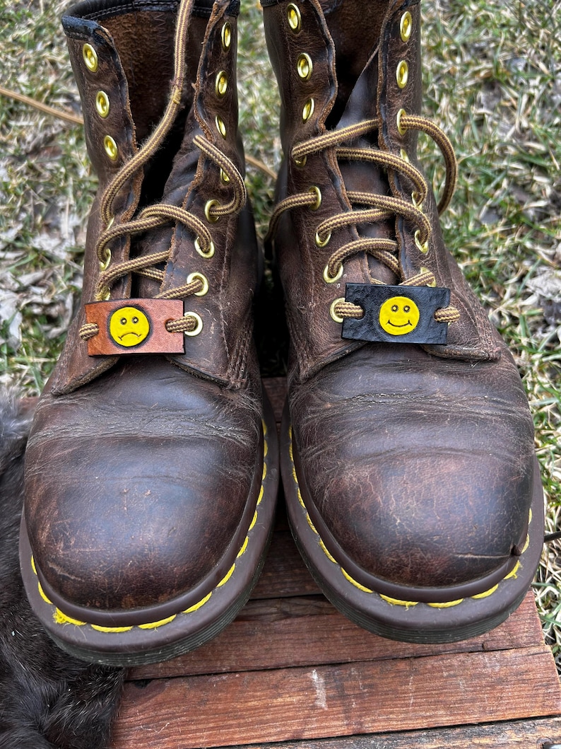 Hand Tooled Leather Boot Charms, Smiley Face, Frown Face, Shoelace ...