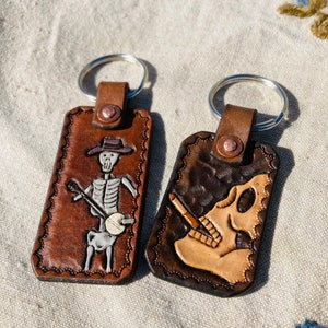 Hand Tooled Leather Keychain, Skull, Skeleton, Bones, Banjo Keychain ...