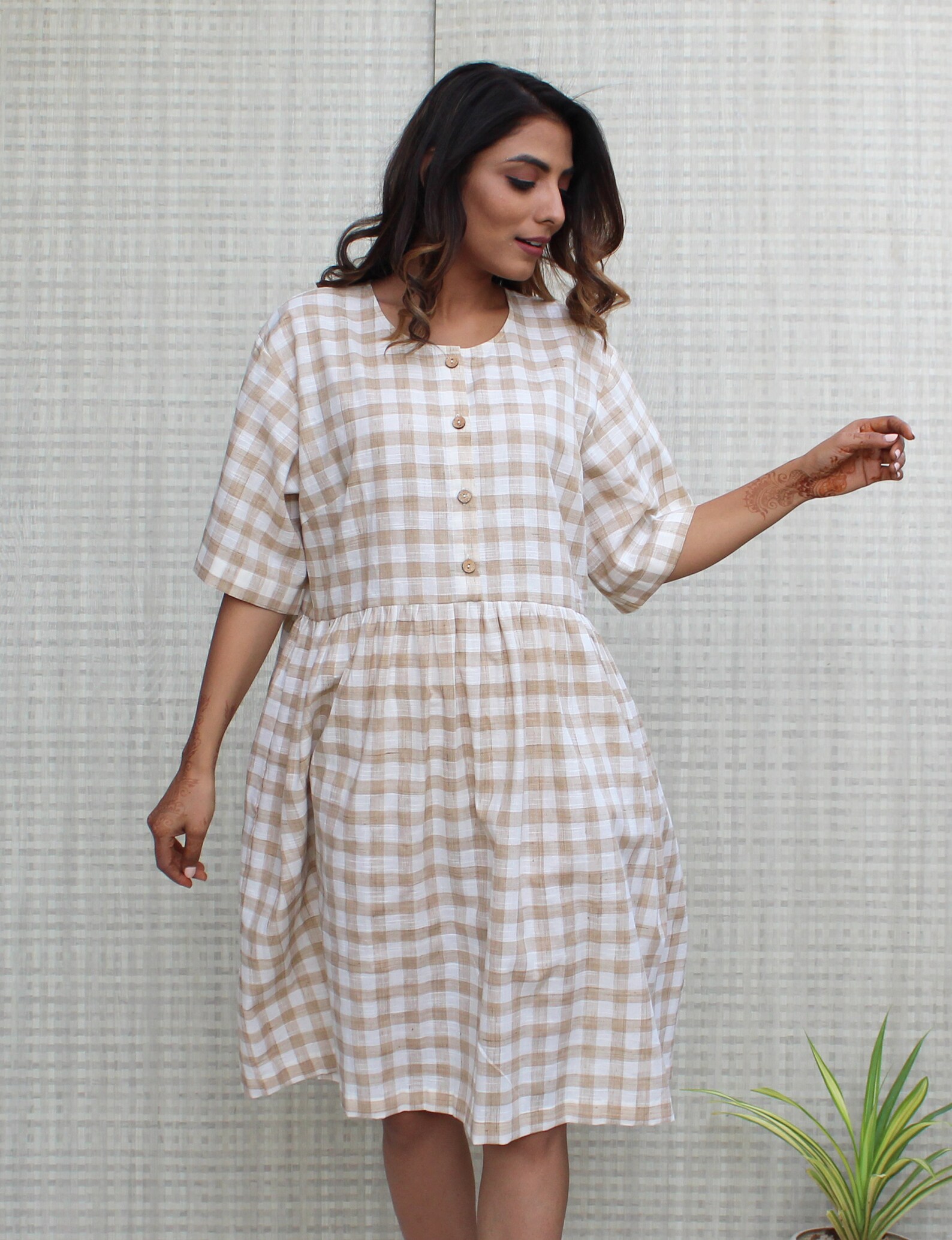 Checkered Linen Dress Loose Linen Dress Midi Linen Dress | Etsy India