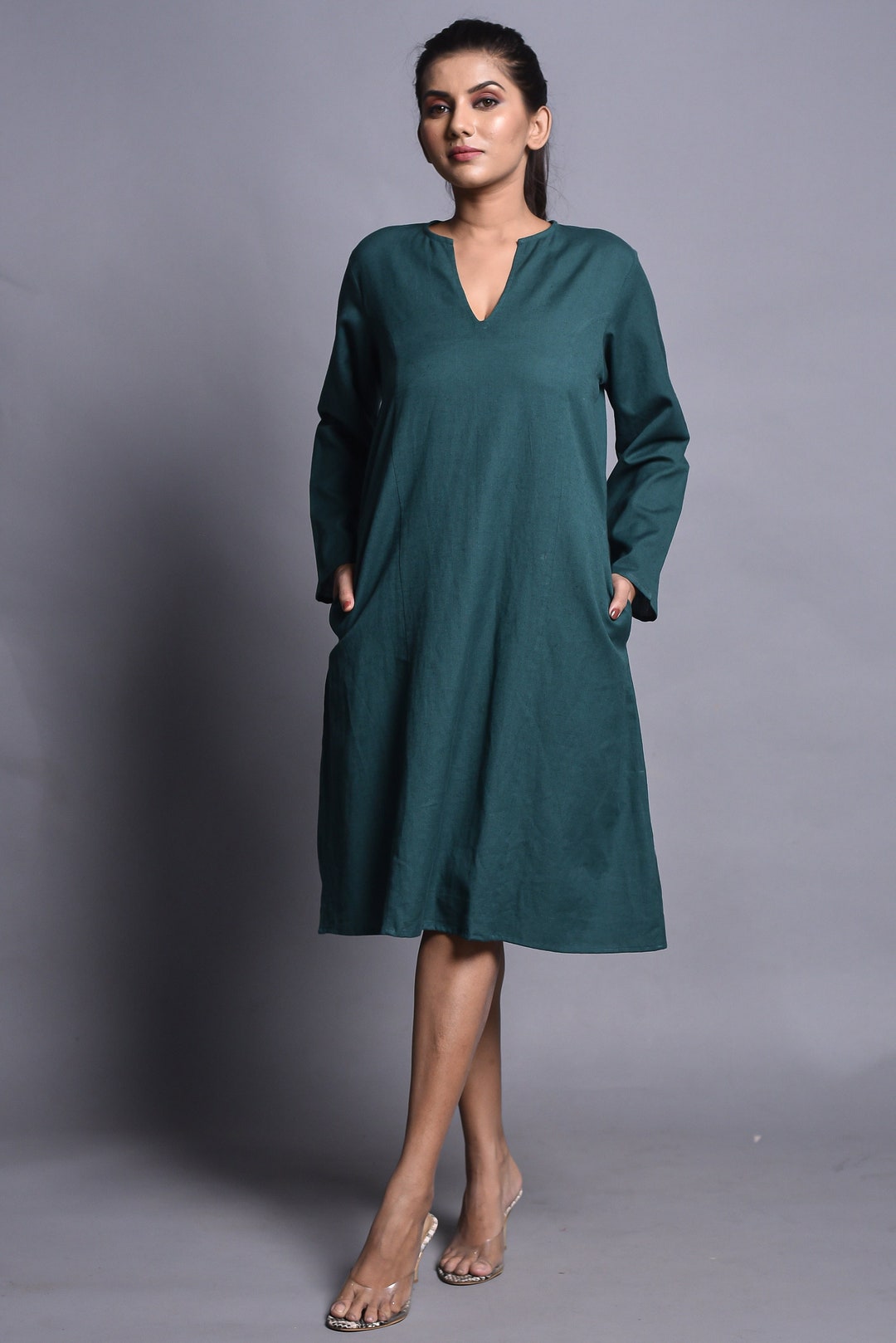 Linen Tunic, Green Dress, Linen Shift Dress, Split Neck Dress ...