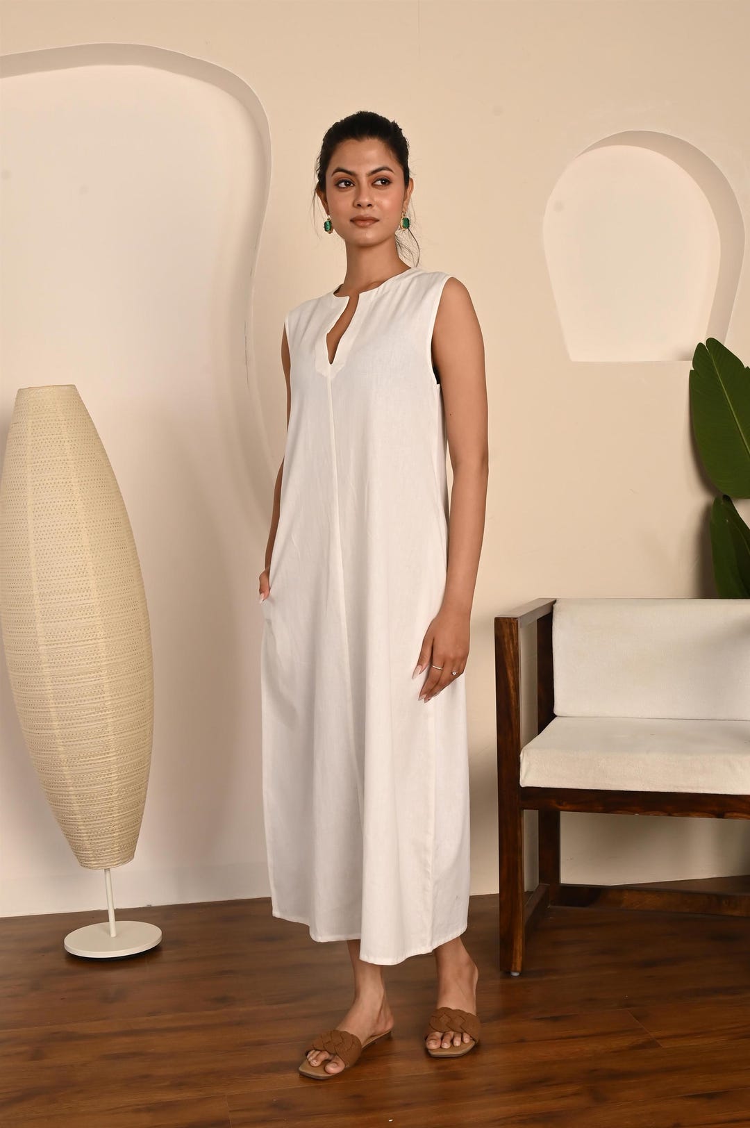 White Linen Dress, Split Neck Tunics, Women's Summer Maxi Dress, Long ...