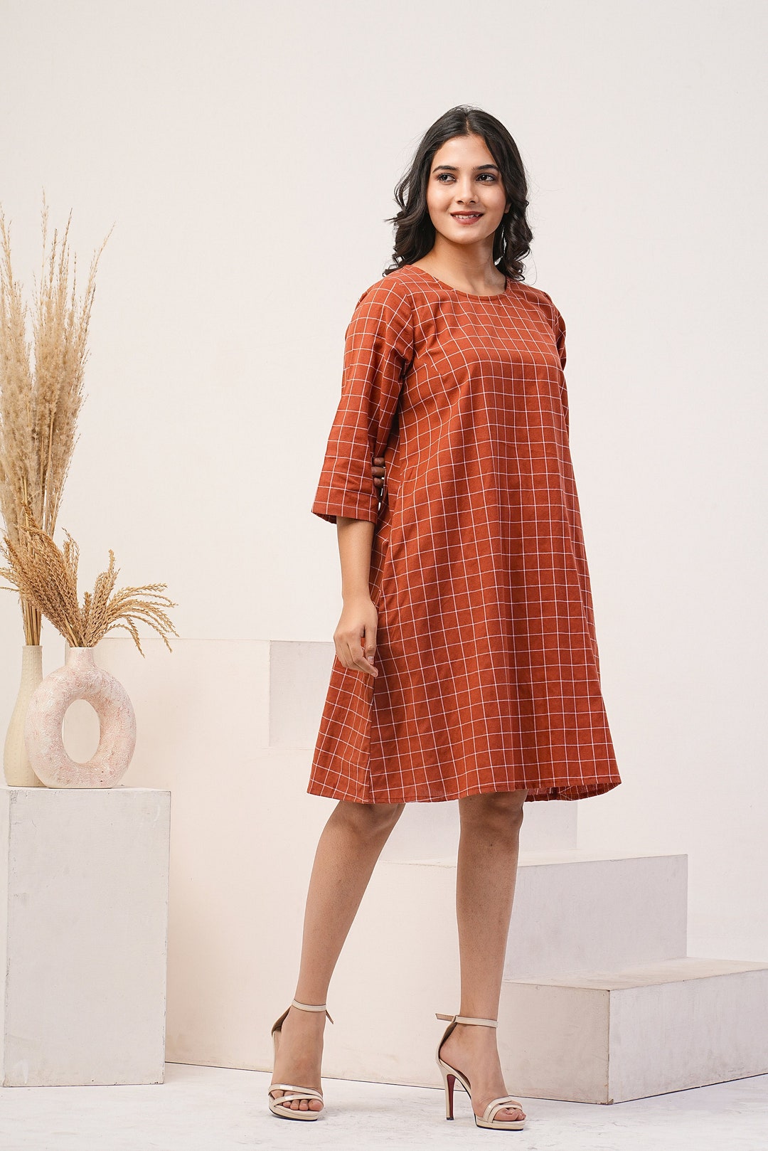 Linen Dress With 3/4 Sleeve, Short Tunic Dress, ,linen Short Dressed ...