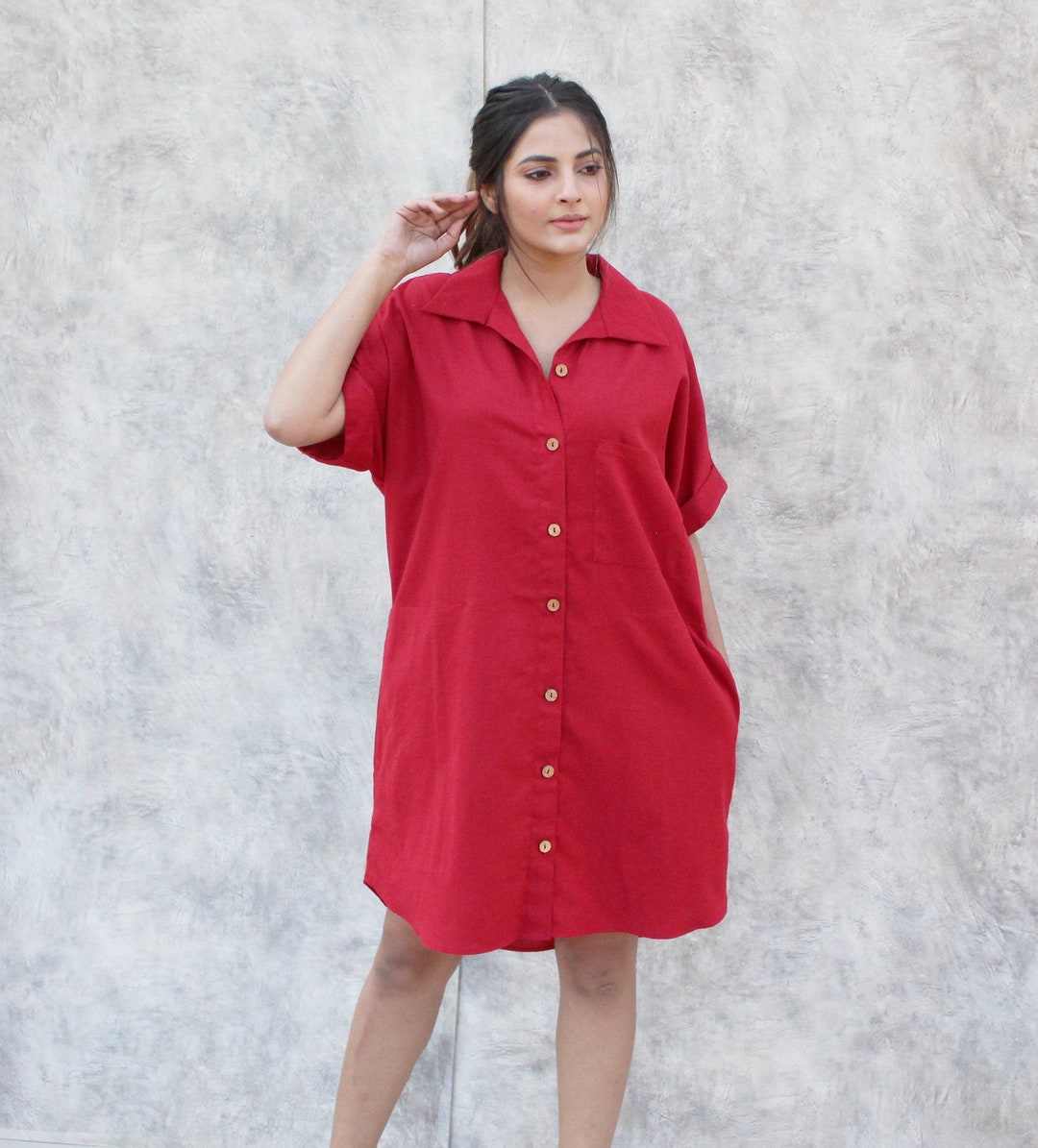 Linen Shirt Dress, Red Linen Dress, Loose Oversized Shirt Dress, Long ...