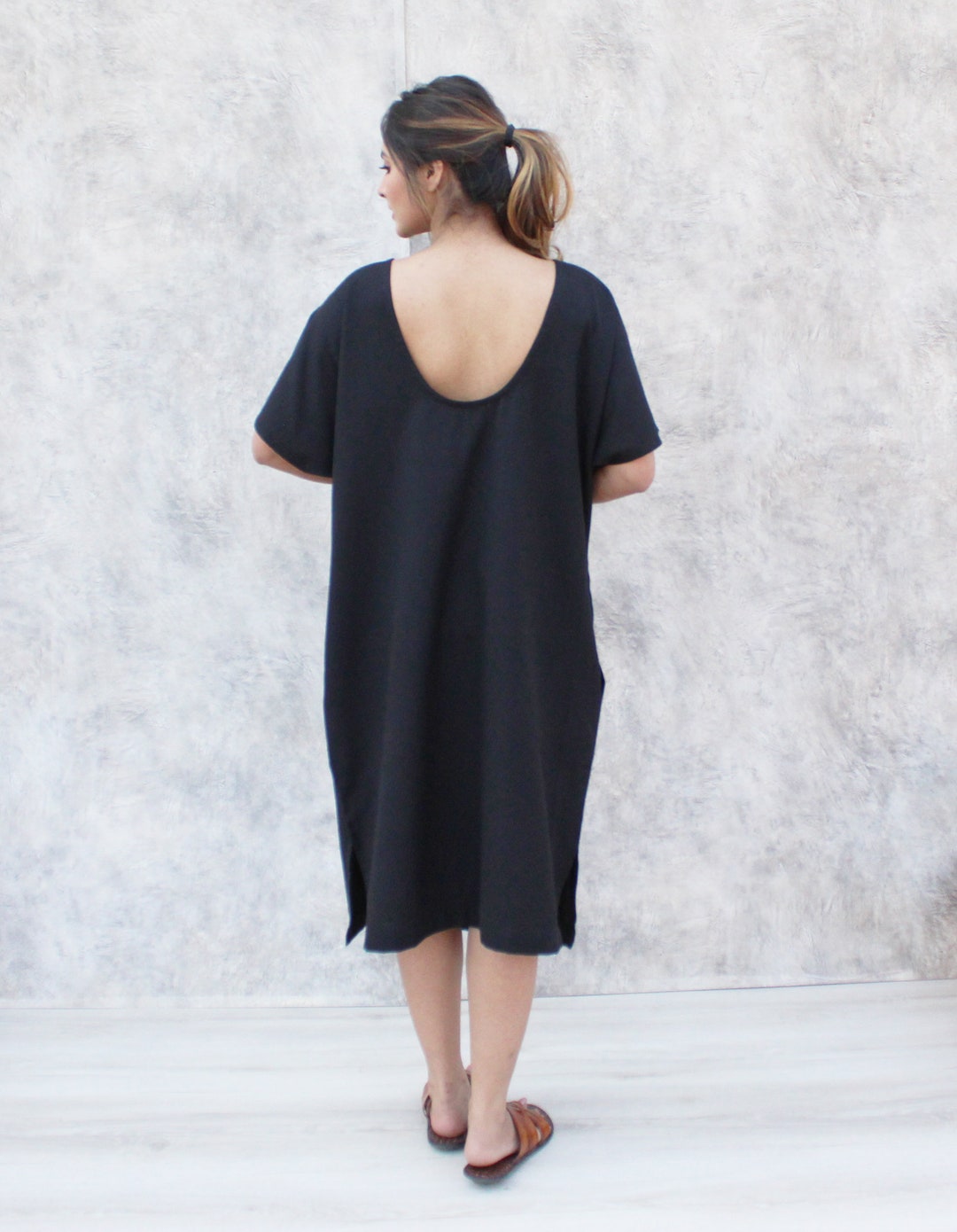 Backless Linen Dress, Drop Shoulder Deep U Back Neck Linen Tunic, Loose ...