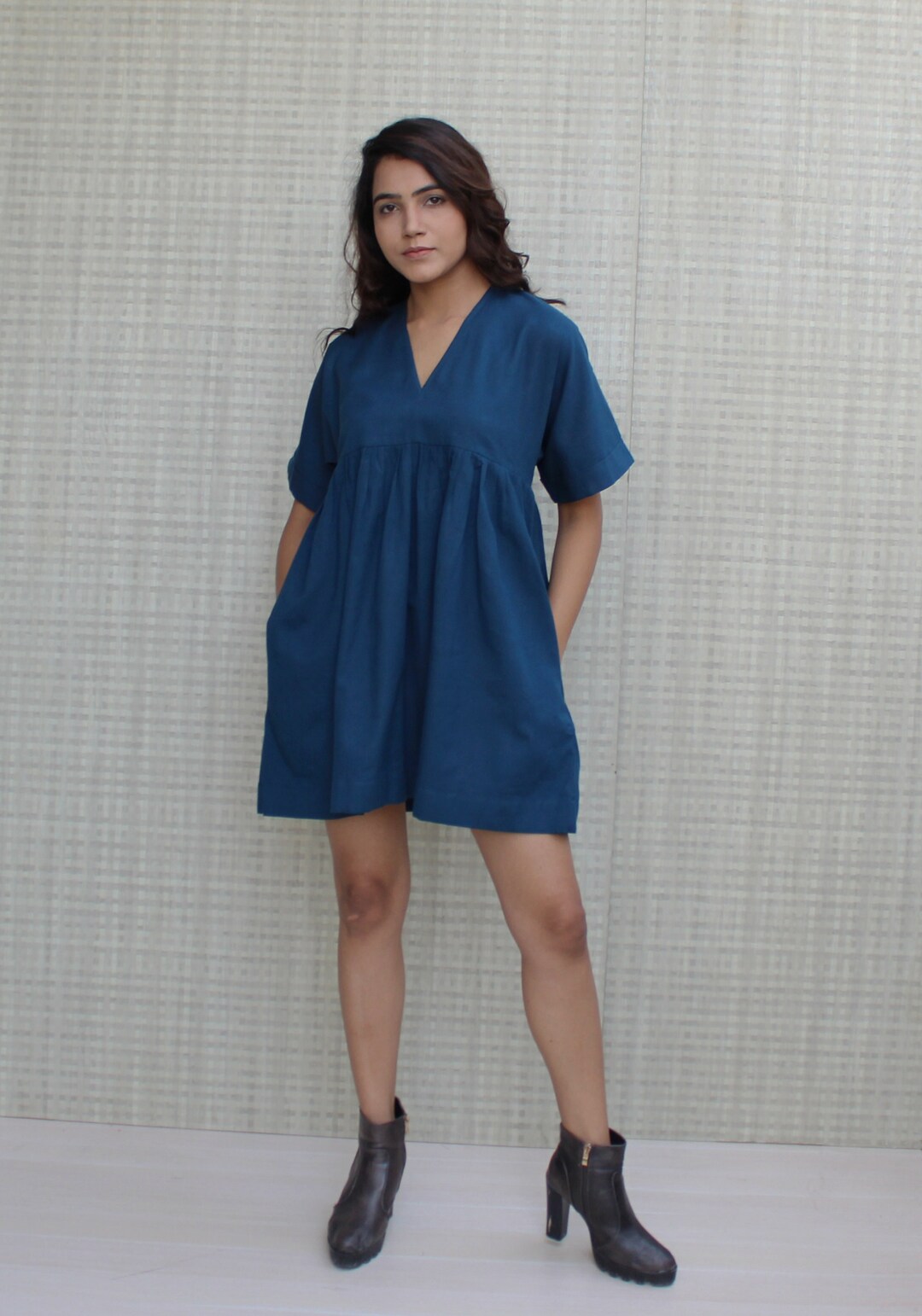 Short Linen Dress With Pocket, Empire Waist Linen Dress, Linen Maxi ...