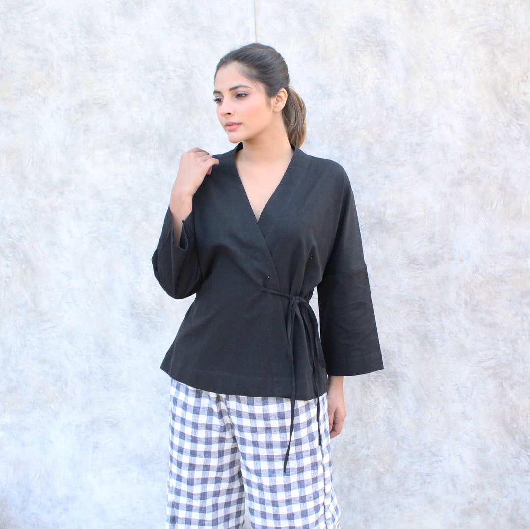 Linen Kimono Wrap Top, Black Linen Top, Loose Linen Blouse, Victorian Blouse, Cover up Top ...