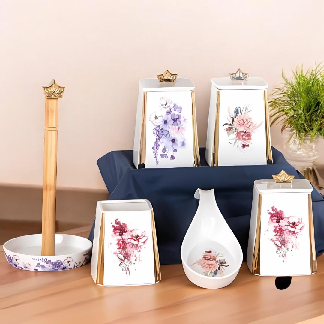 Porcelain Kitchen Canister Set With Bird & Blossom Design 9-piece Set ...
