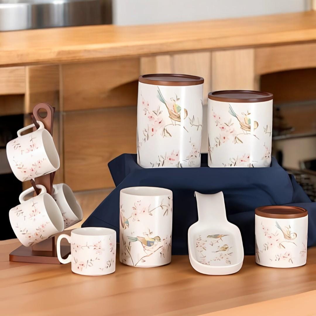 Porcelain Kitchen Canister Set With Bird & Blossom Design 9-piece Set ...