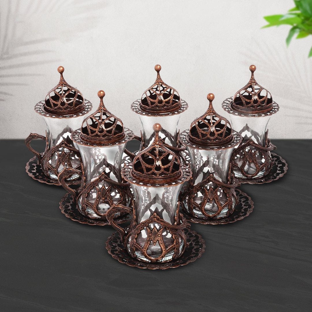 Arabian Elegance: Set of 6 Arabic Tea Cups With Copper Holders - Etsy