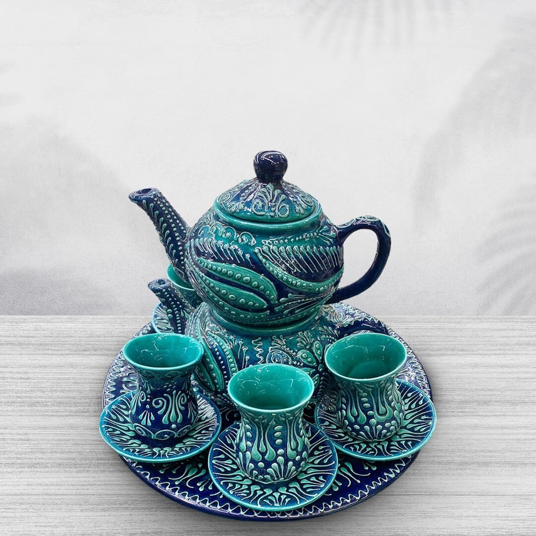 Turkish Tea Sets of 6, Ceramic Tea Sets, Handmade Tea Serving Set, Traditional Tea Sets, Ottoman ...
