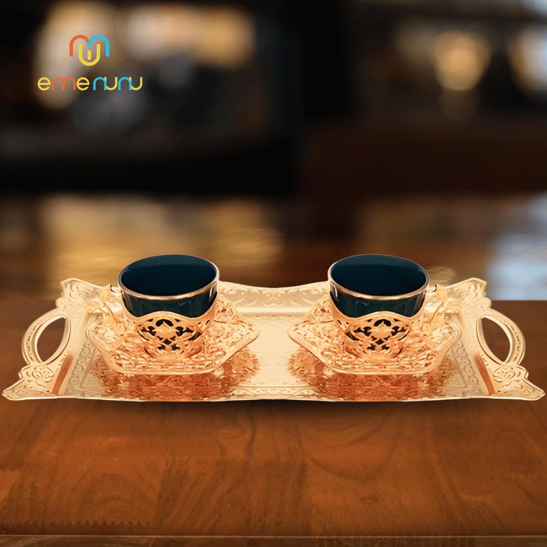 Handmade Turkish Coffee Set, 2 Sets of Turkish Coffee Set With Tray ...