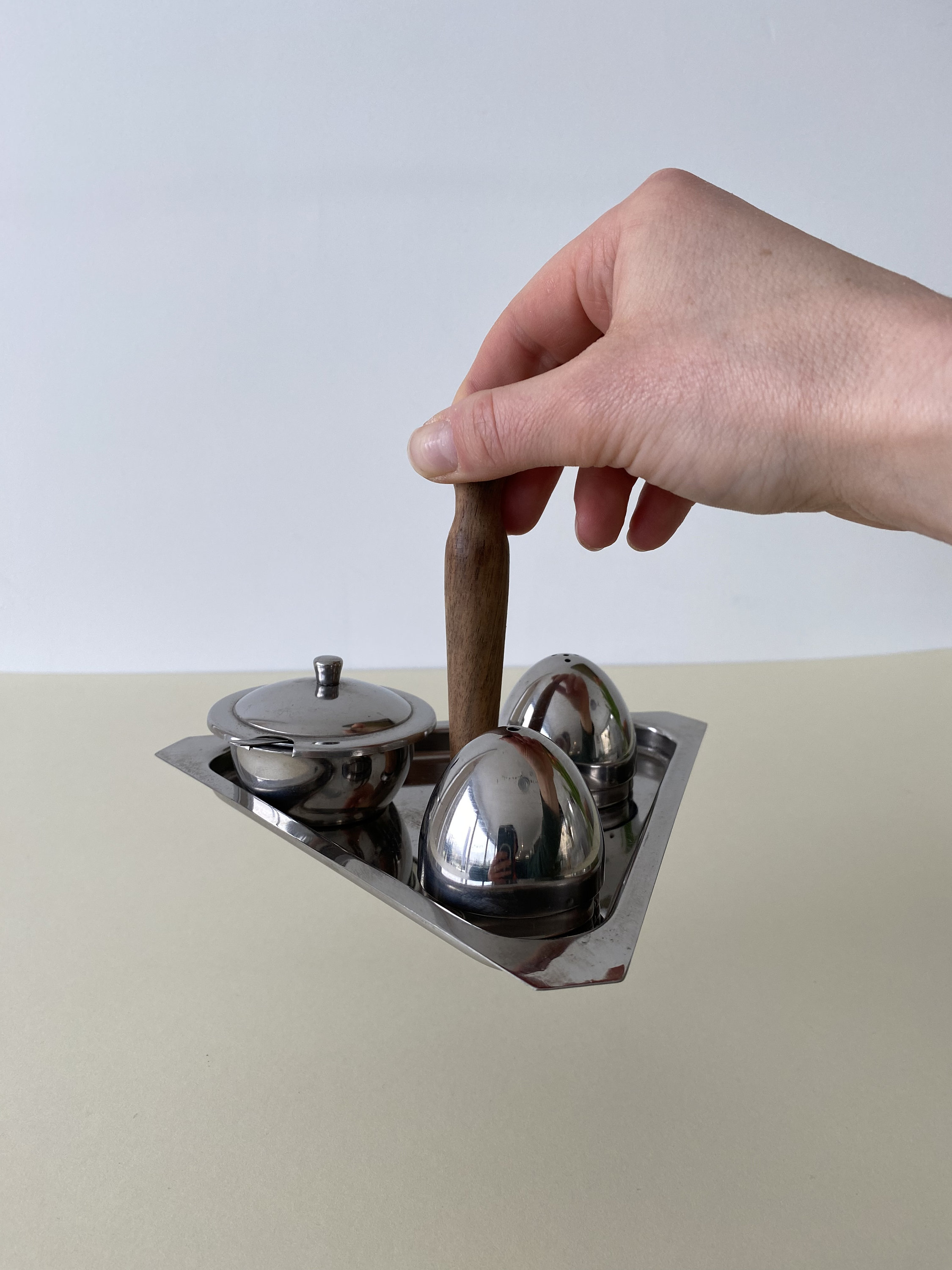 Mid Century Modern Condiment Tray With Wooden Handle Korean Stainless ...