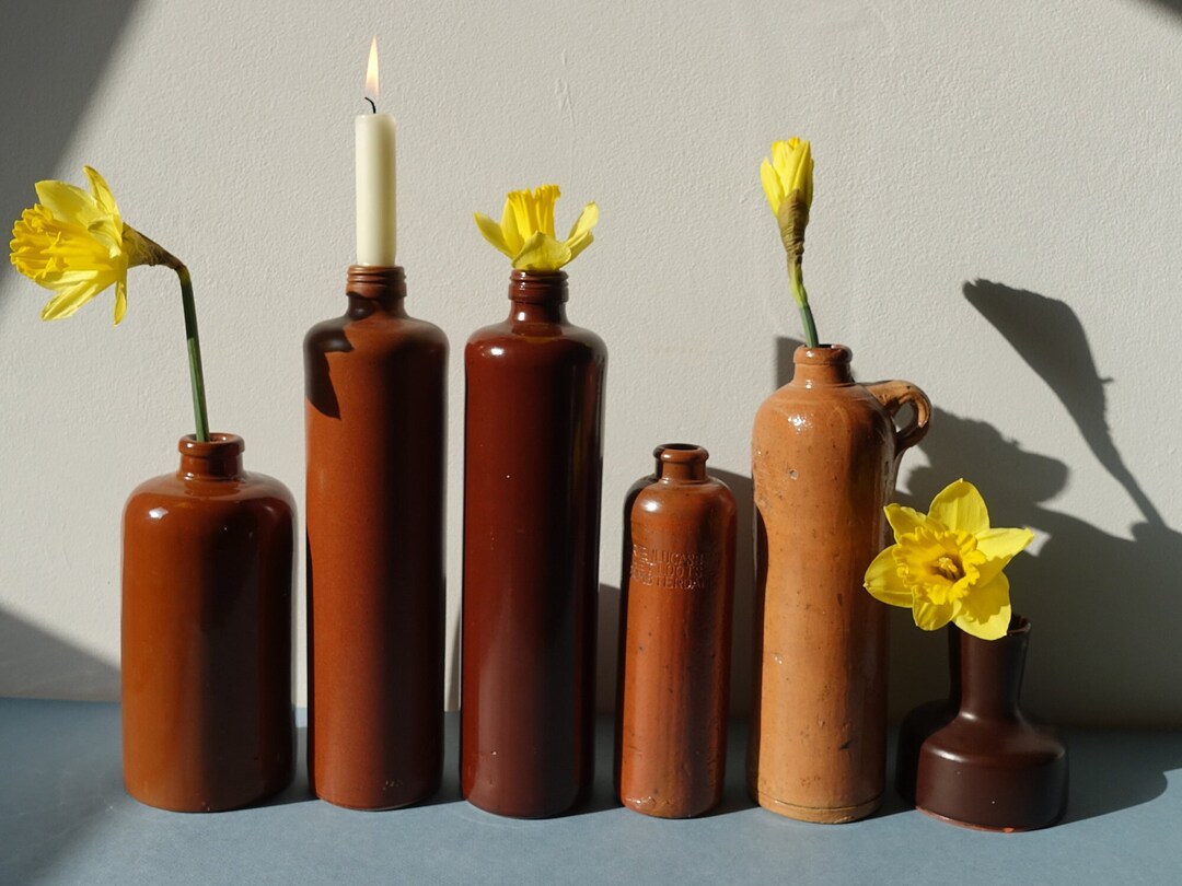 Assorted Vintage Brown Ceramic Bottles, Rustic Farmhouse Stoneware ...