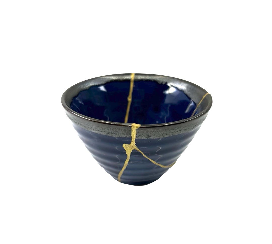 Kintsugi Small V Shaped Indigo Cup With Metallic Rim - Etsy