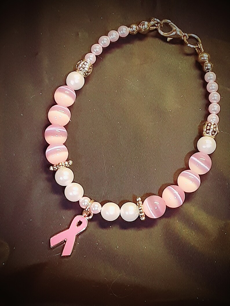 Bracelet Breast Cancer Awareness Ribbon White Pearls Pink | Etsy