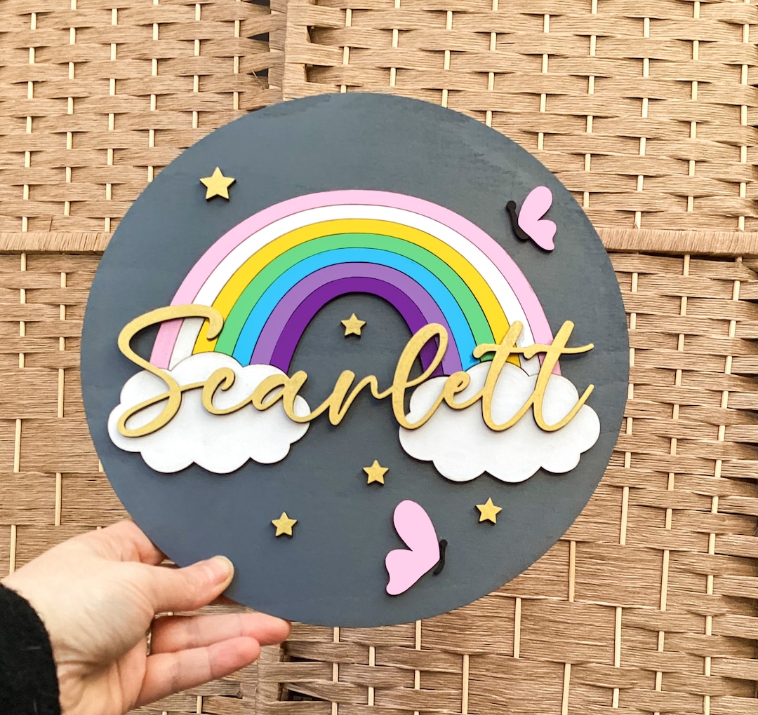 Rainbow Nursery Name Sign Round Wood Nursery Name Sign Custom Butterfly ...