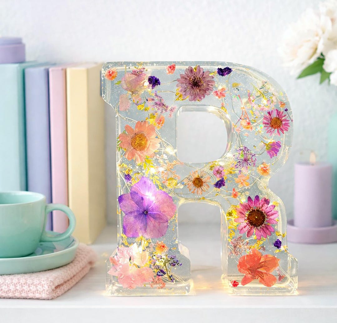 Resin Flower Letters With Fairy Lights – Handmade Floral Initial Home ...