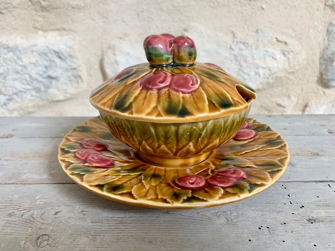 1960s ~ Barbotine Majolica Jam Maker With Cherry Decoration French ...