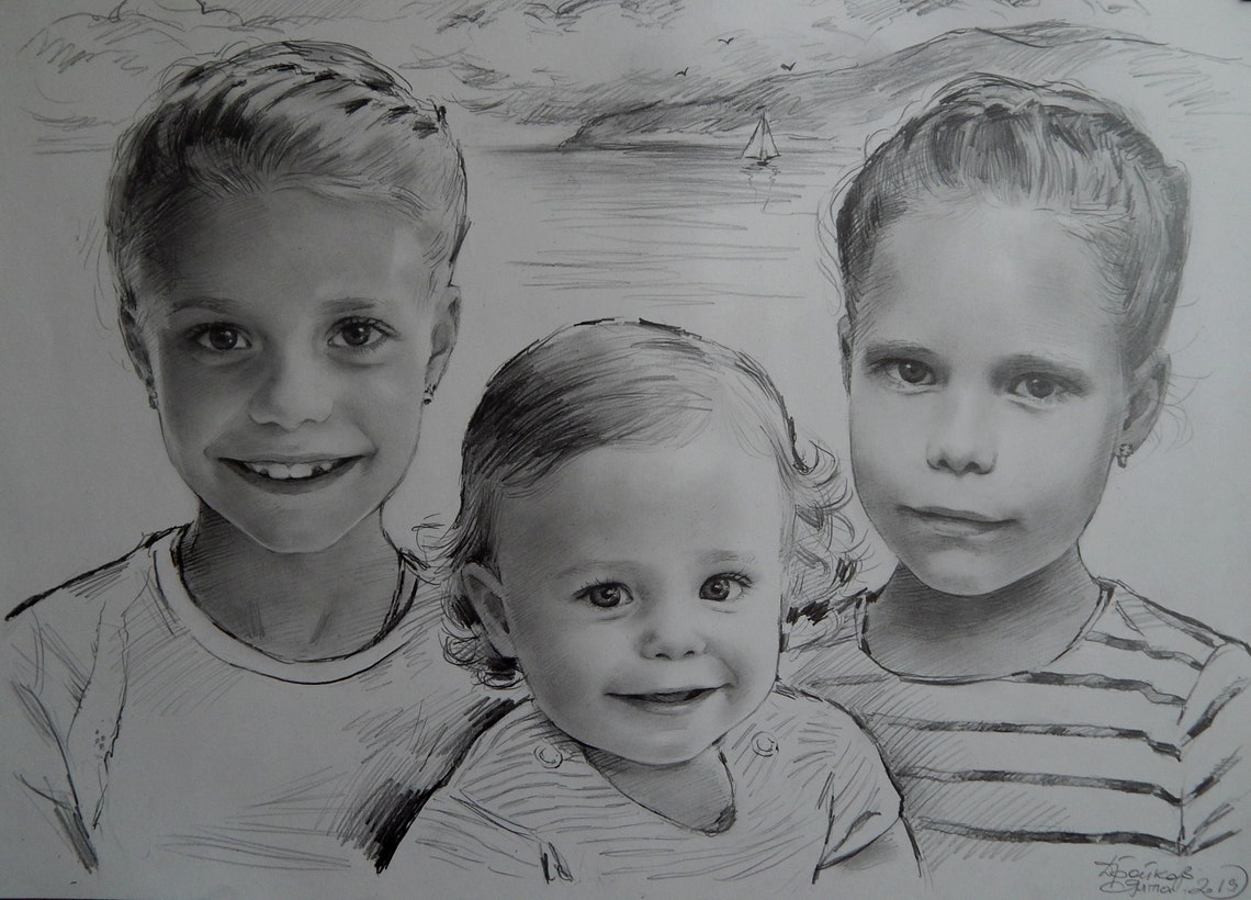 3 Persons Digital Custom Portrait From Photo Pencil Portrait | Etsy