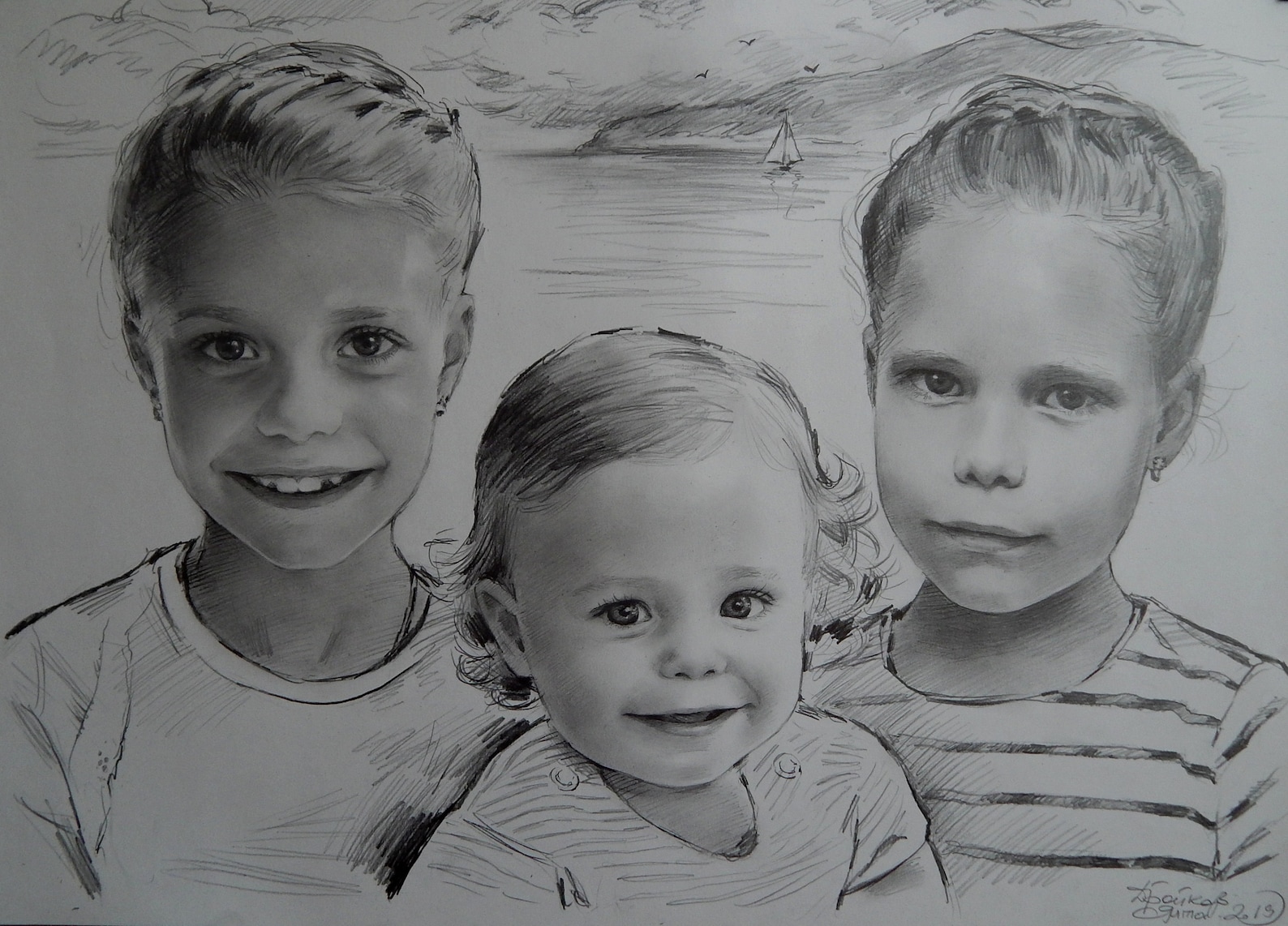 3 Persons Digital Custom Portrait From Photo Pencil Portrait - Etsy