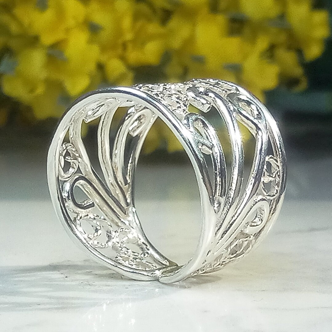 Silver Filigree Ring, Wide Band Ring, Botanical Ring, Filigree Art Ring ...