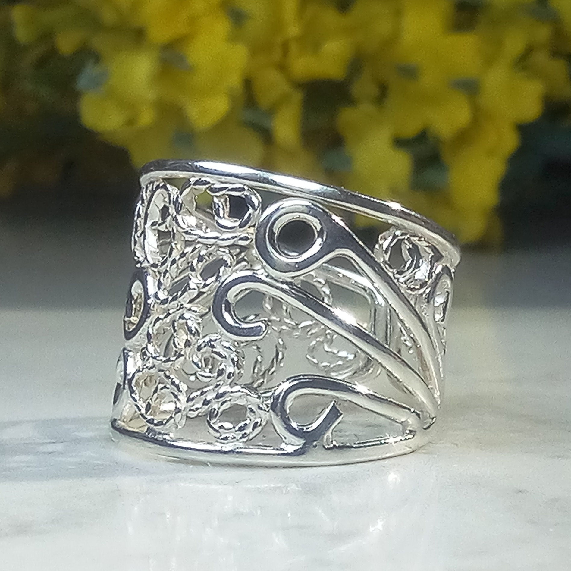 Silver Filigree Ring Wide Band Ring Botanical Ring Filigree - Etsy