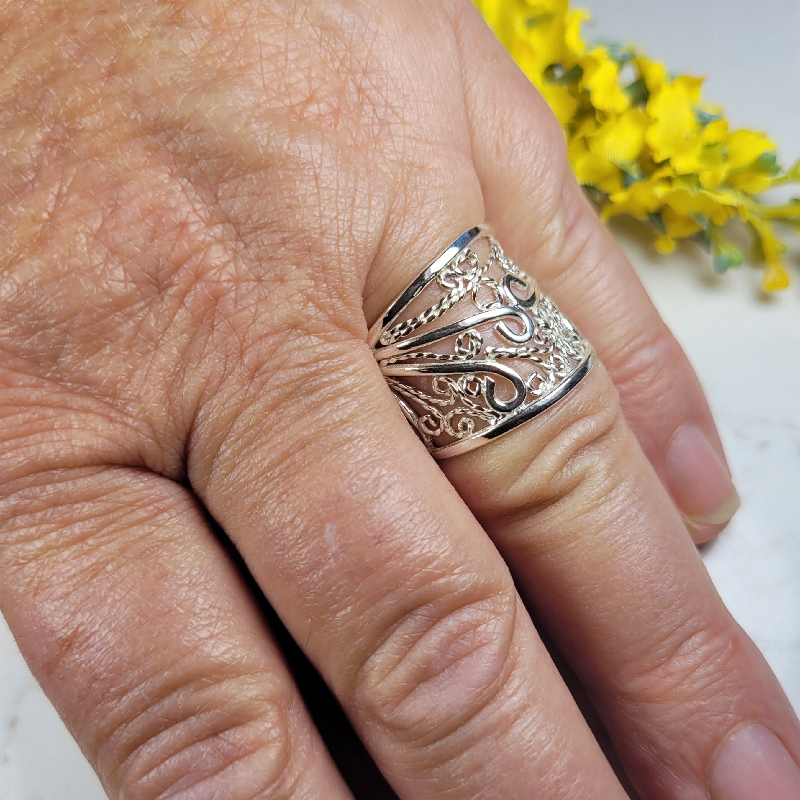 Silver Filigree Ring Wide Band Ring Botanical Ring Filigree - Etsy