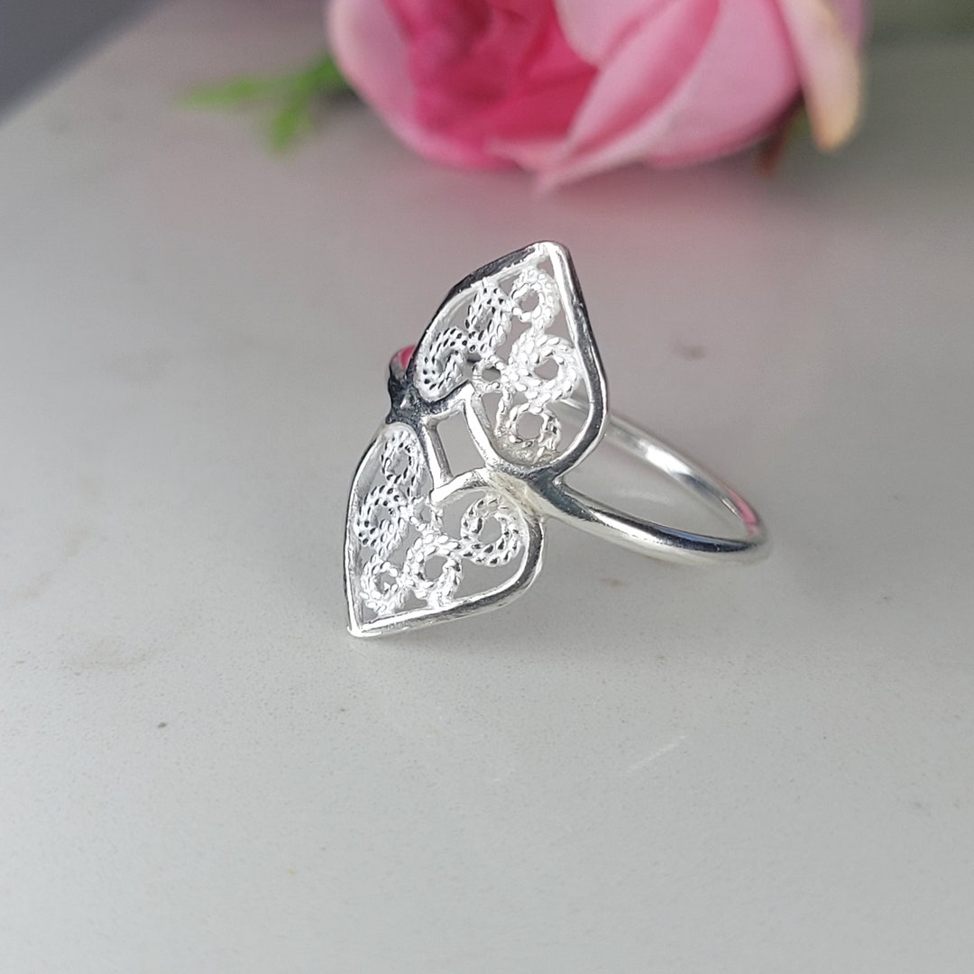 Two Hearts Ring, Filigree Ring, Silver Heart Ring, Antique Style Ring ...