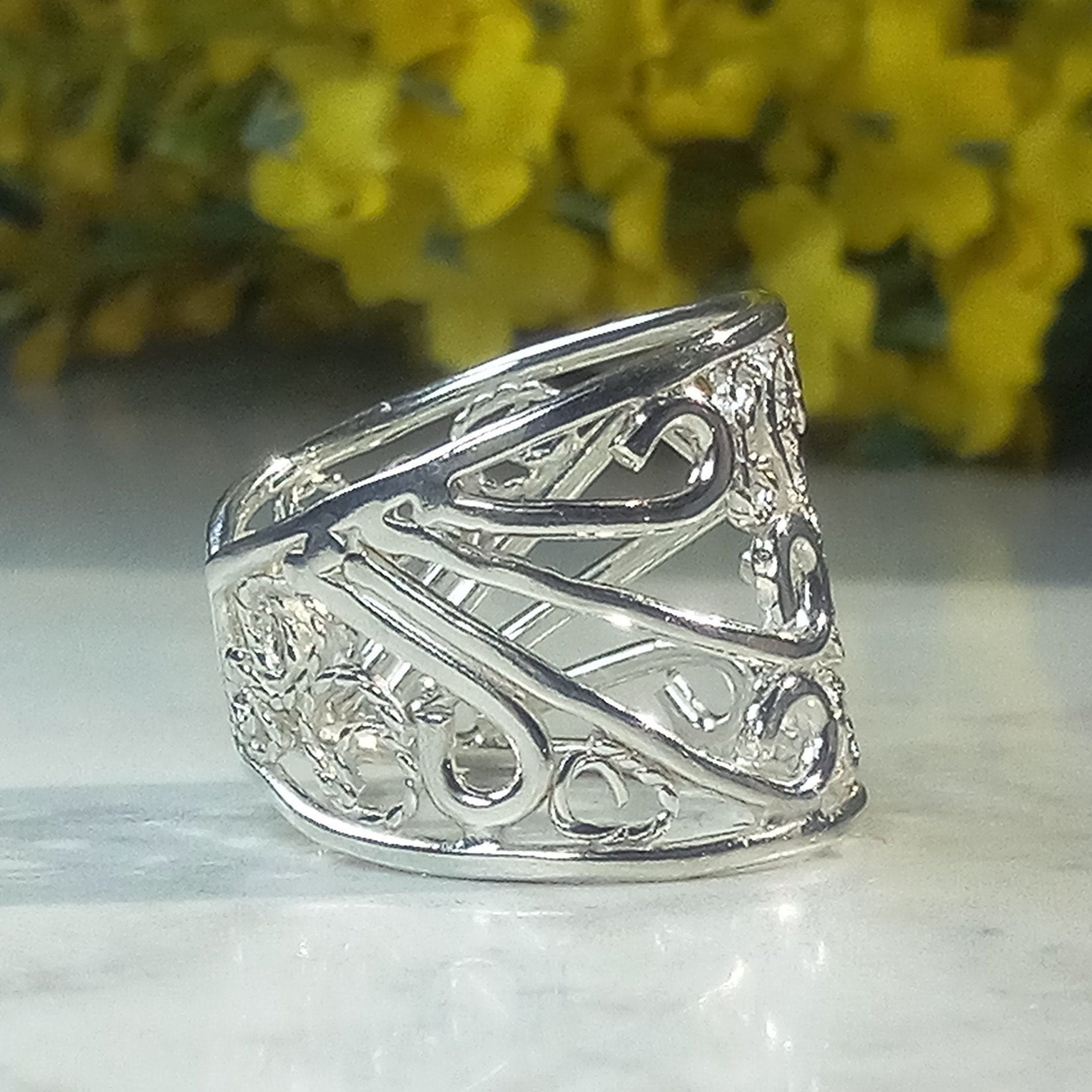 Silver Filigree Ring Wide Band Ring Botanical Ring Filigree - Etsy