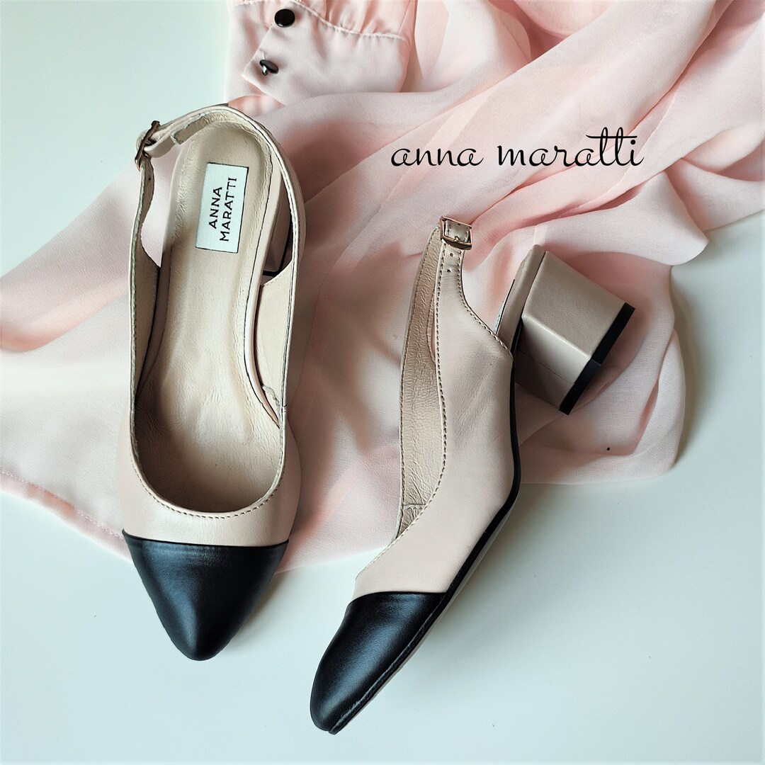 Ella - Classic Slingback,women Block Heels,black Toes Shoes,black and ...